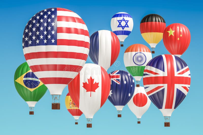 Travel Concept. Hot Air Balloons with Different Flags of Countries, 3D ...