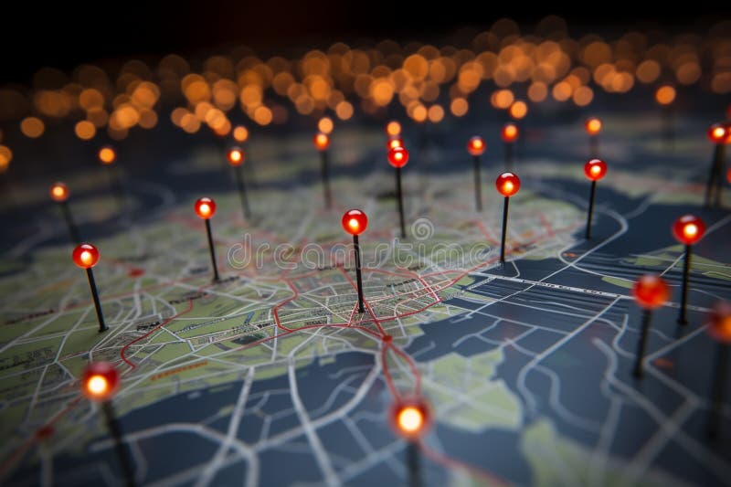 Travel Concept Map of Paris with Red Pins and Bokeh Stock Illustration ...