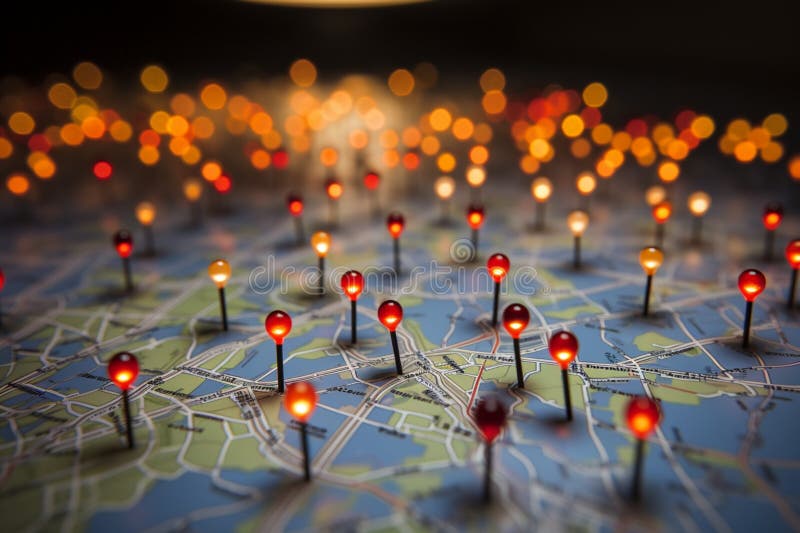 Travel Concept Map of Paris with Red Pins and Bokeh Stock Illustration ...