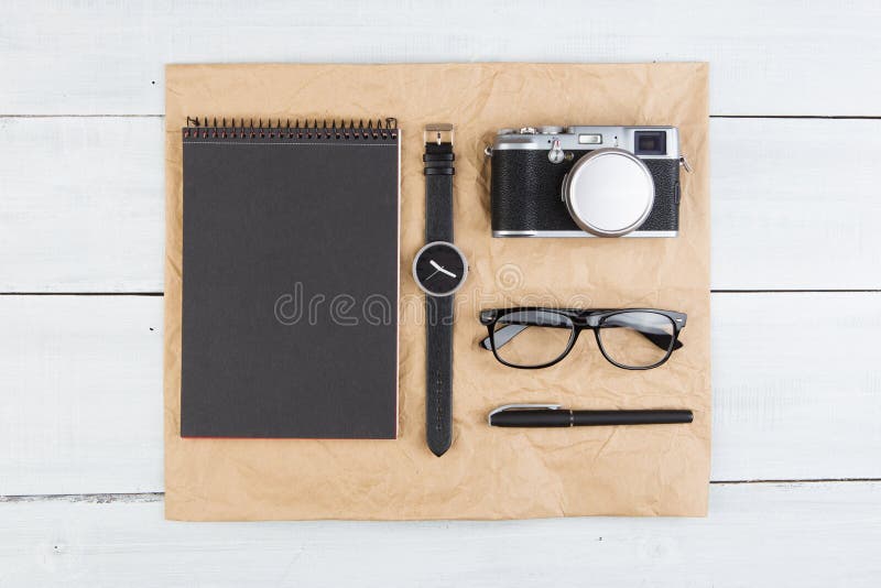 Travel Concept - Set of Camera, Notepad, Watch, Glasses and Pen Stock ...