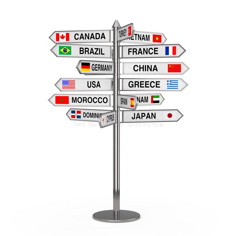 Travel Concept. Signpost with Various Countries Names and Flags. 3d ...