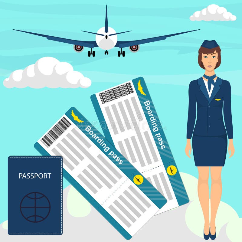 Stewardess With Passport And Air Ticket In Hand On Blue Background