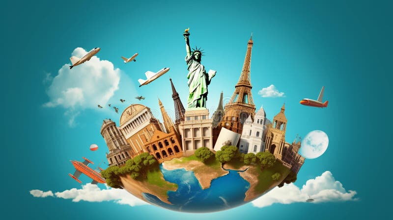 A Travel Concepts Poster with a Globe with Several Landmarks of All ...