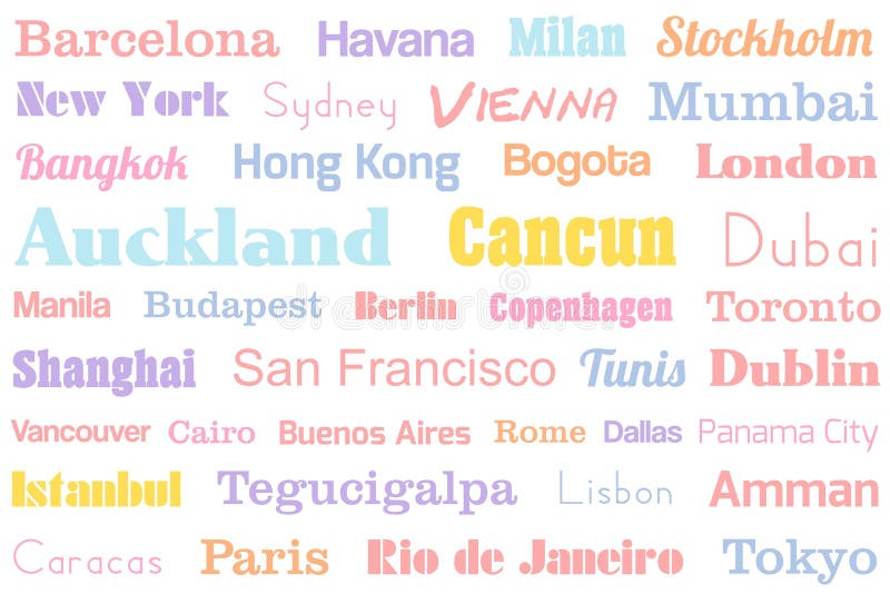 Travel Destination Colorful City Names Text Design Stock Vector ...