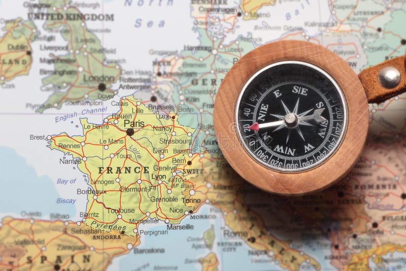 Travel Destination France, Map with Compass Stock Photo - Image of ...