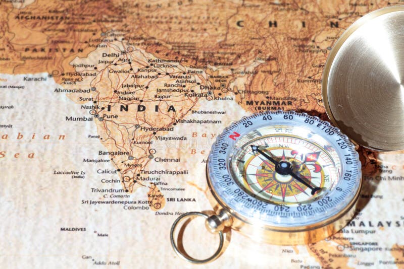 Travel Destination India, Ancient Map with Vintage Compass Stock Photo ...