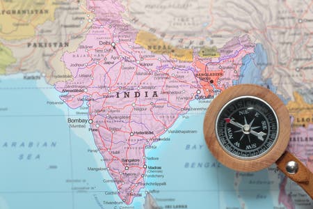 Travel Destination India, Map with Compass Stock Image - Image of city ...