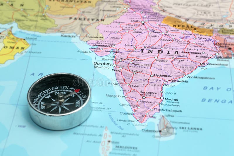 Travel Destination India, Map with Compass Stock Image - Image of ...