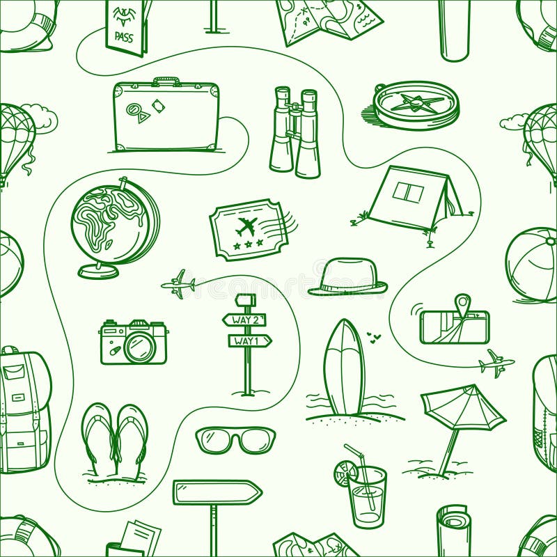 Travel Destination Linear Style Vector Seamless Pattern Stock Vector ...