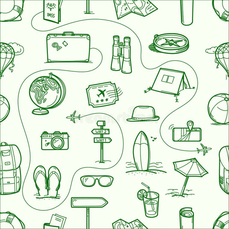 Travel Destination Linear Style Vector Seamless Pattern Stock Vector ...