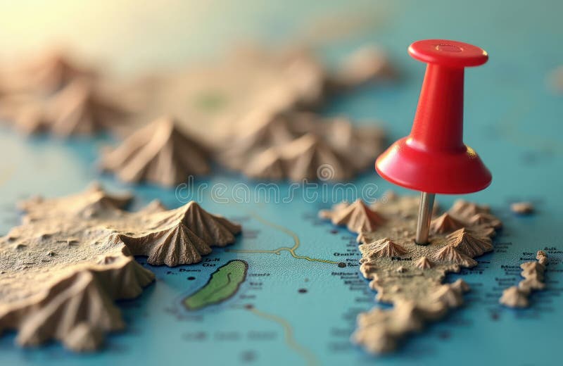 Travel Destination Marked on 3D Map. Red Pushpin Points Specific ...