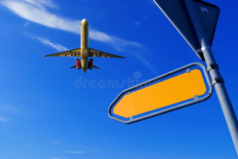 Travel Destination Sign and a Passenger Airplane Stock Photo - Image of ...