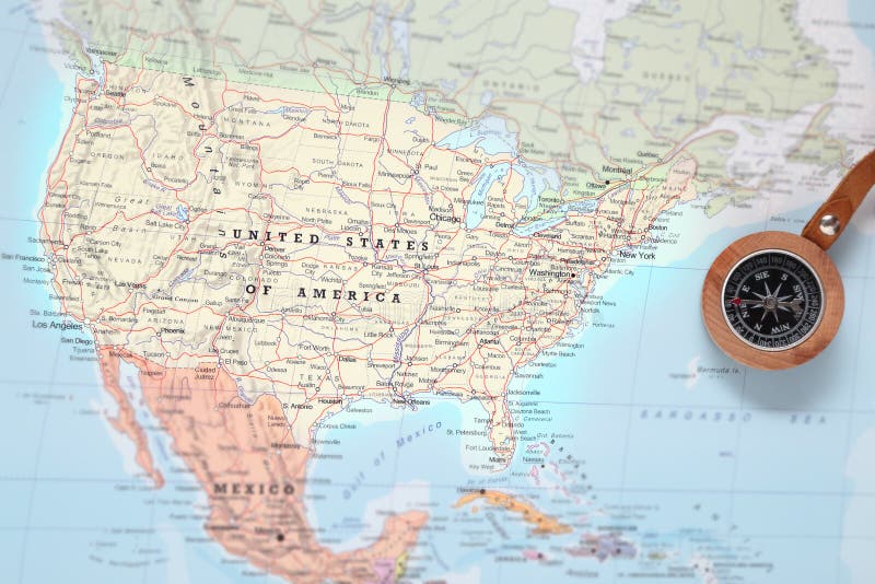 Travel Destination United States, Map with Compass Stock Image - Image ...