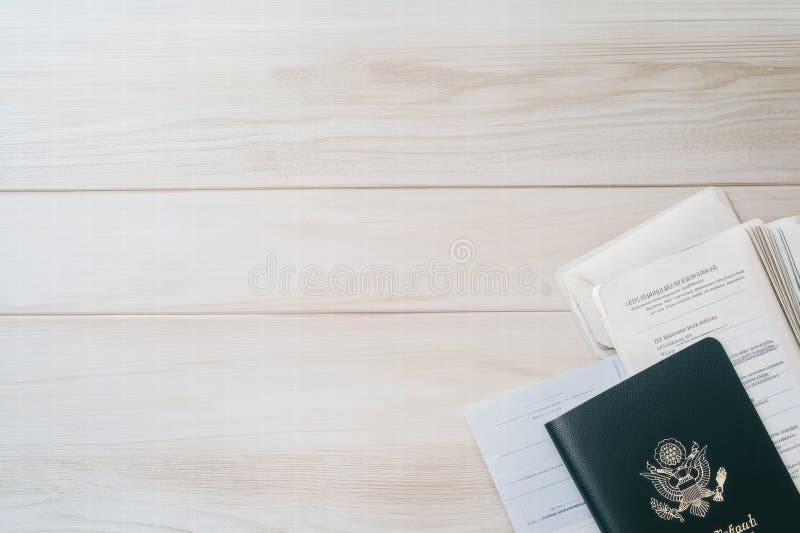 Important Travel Documents and Passport Arranged on a Wooden Table ...