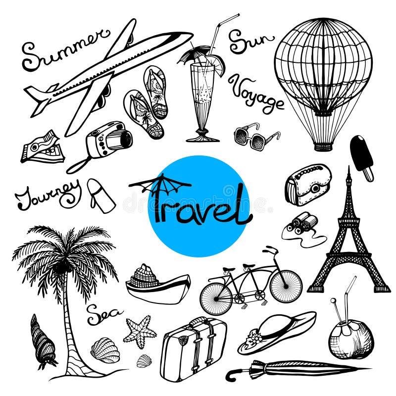 Travel Doodle Set stock vector. Illustration of decorative - 209542734