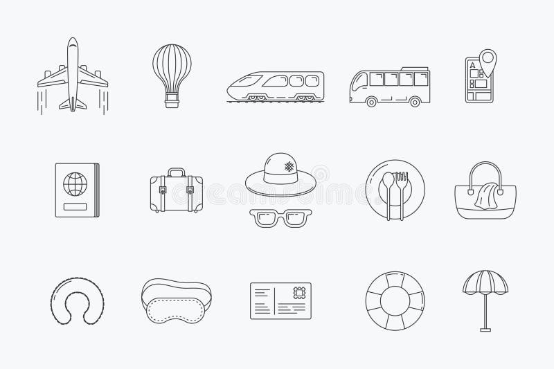 Travel Element Icons Set. Summer Travelling Objects Line Concept Vector ...