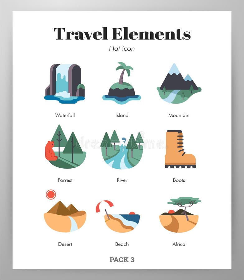 Travel elements flat pack stock vector. Illustration of river - 144035778