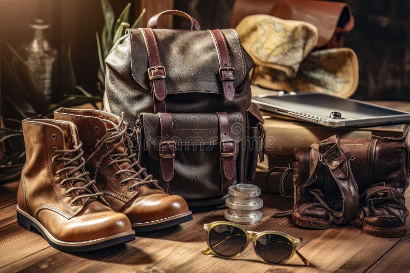 Travel Essentials: Backpack, Boots, Map, Camera, and Sunglasses Stock ...