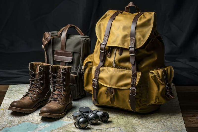 Travel Essentials: Backpack, Boots, Map, Camera, and Sunglasses Stock ...