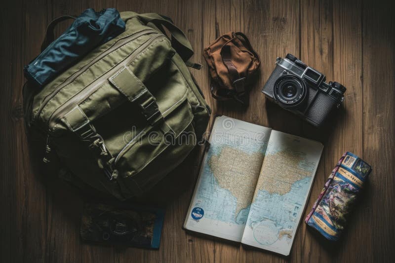 Travel Essentials, Backpack, Map, Camera, and More Stock Photo - Image ...