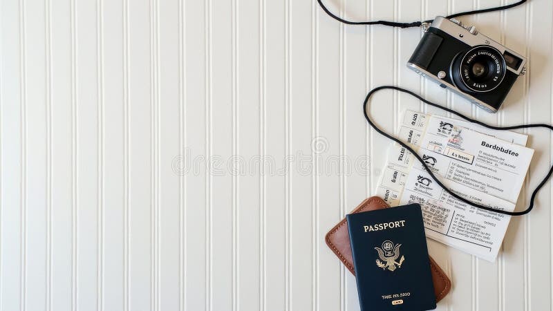 Travel Essentials with Camera Passport and Boarding Pass on White ...