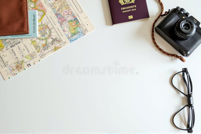 Travel Essentials Flat Lay with Maps, Passport, Camera, and Glasses on ...