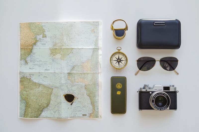 Travel Essentials Including a Detailed Map, Compass, Small Camera, and ...