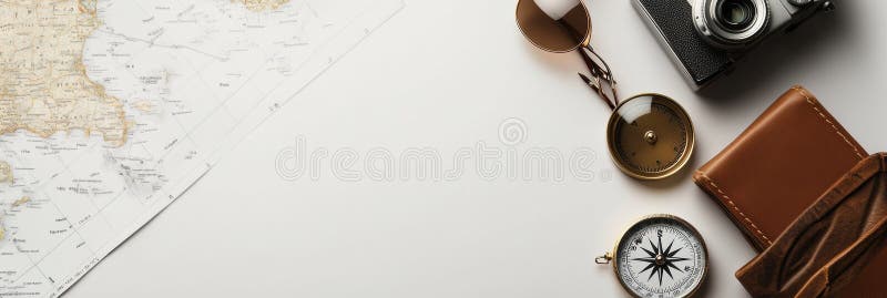 Travel Essentials Including a Map, Compass, Small Camera, and ...