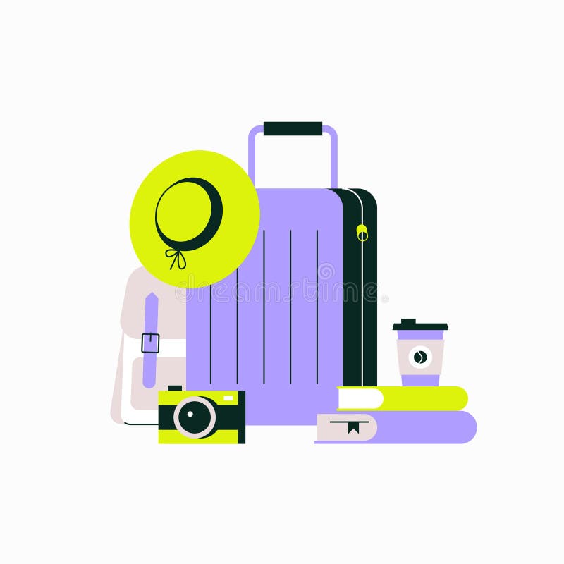 Travel Essentials and Suitcase in Flat Vector Illustration Symbolizing ...