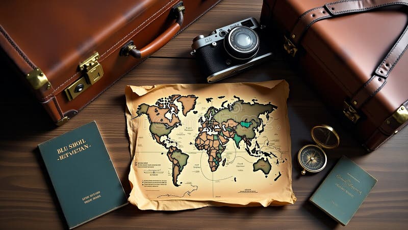Travel Essentials Including World Map and Vintage Suitcase for ...