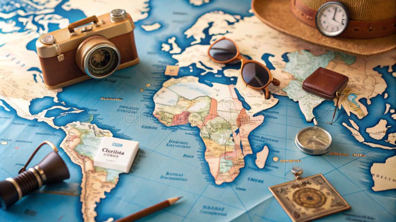 Travel Essentials Laid Out on a World Map, Including a Camera ...