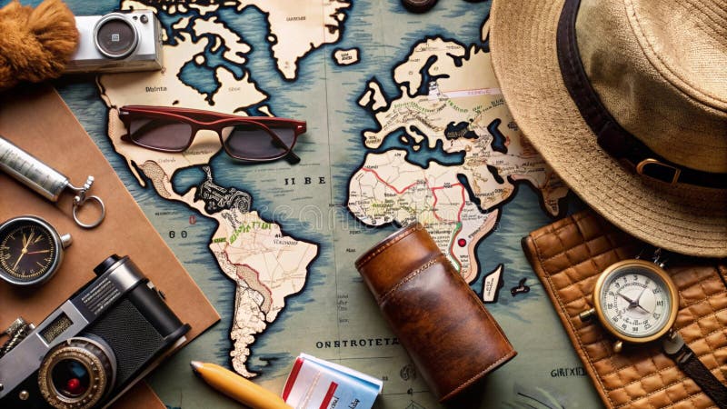 Travel Essentials Laid Out on a World Map, Including a Compass ...