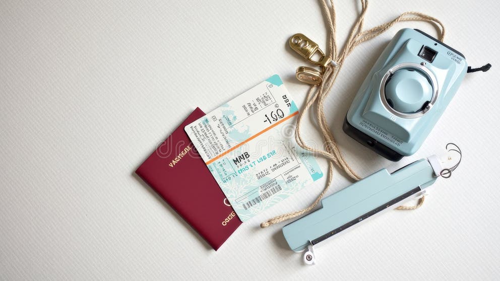 Travel Essentials with Passport, Boarding Pass, Camera, and Sunglasses ...