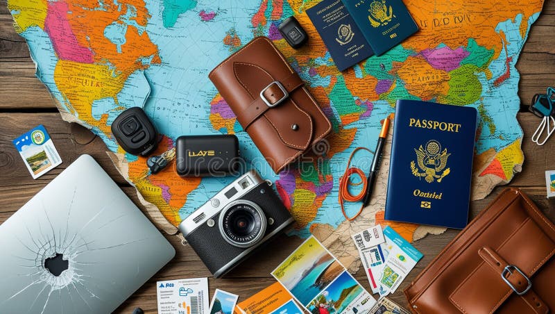 Travel Essentials Passport Camera Map Adventure Stock Illustration ...