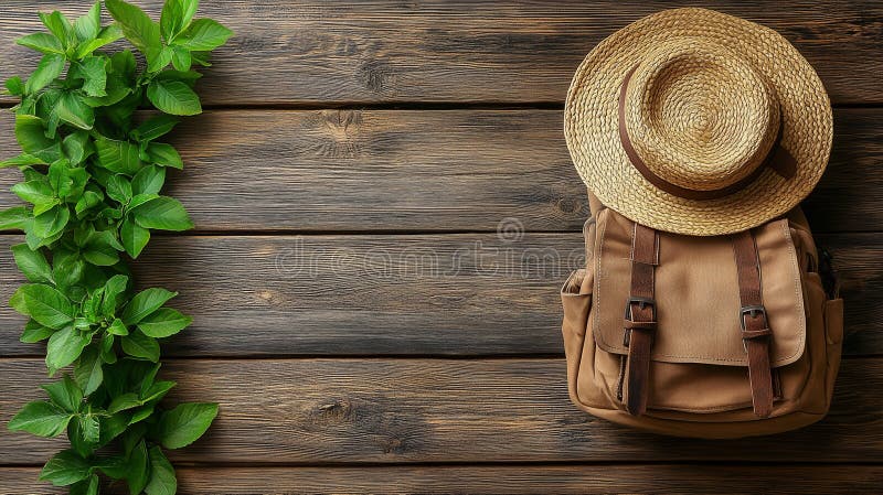 Travel Essentials: Straw Hat and Backpack on Wooden Surface Stock ...