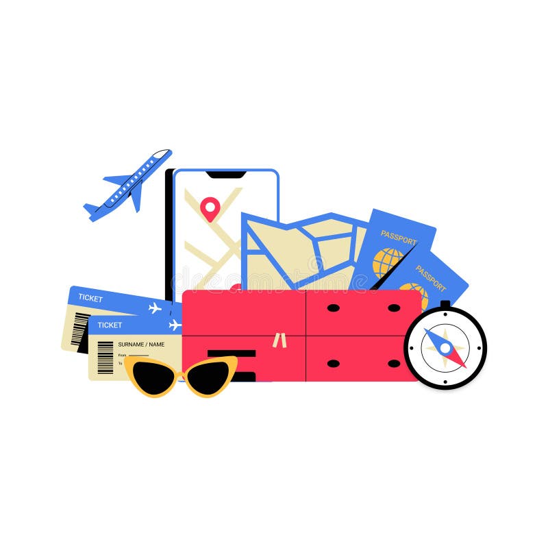 Travel Essentials with Tickets, Maps, and Compass in Flat Vector ...