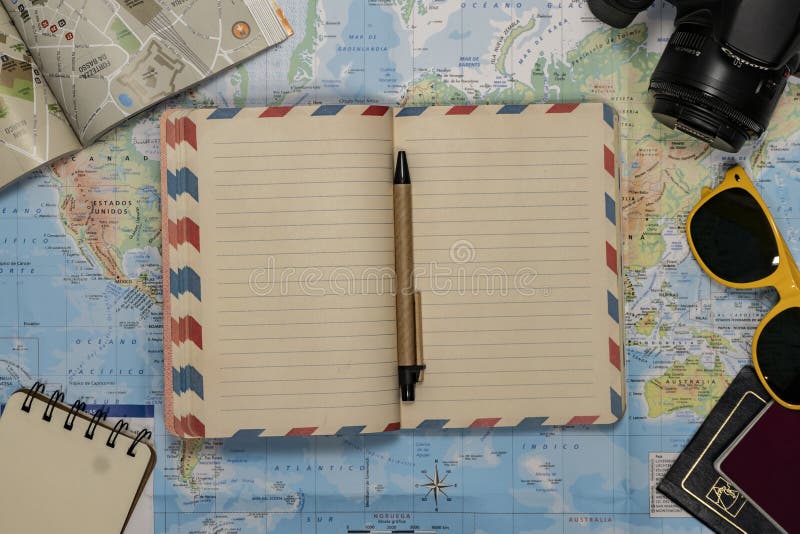 Travel Flat lay over map stock photo. Image of close - 227309718