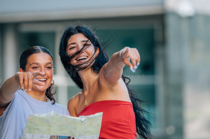 Travel Girls on the Street with a Map Stock Image - Image of friendship ...