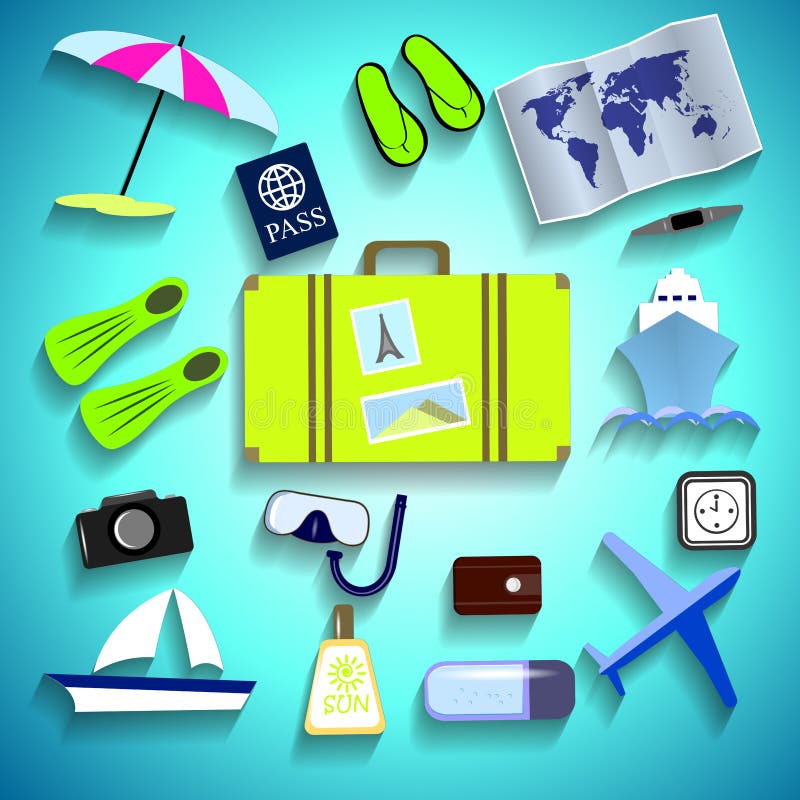 Travel Goods Top View on a Blue Background Stock Vector - Illustration ...