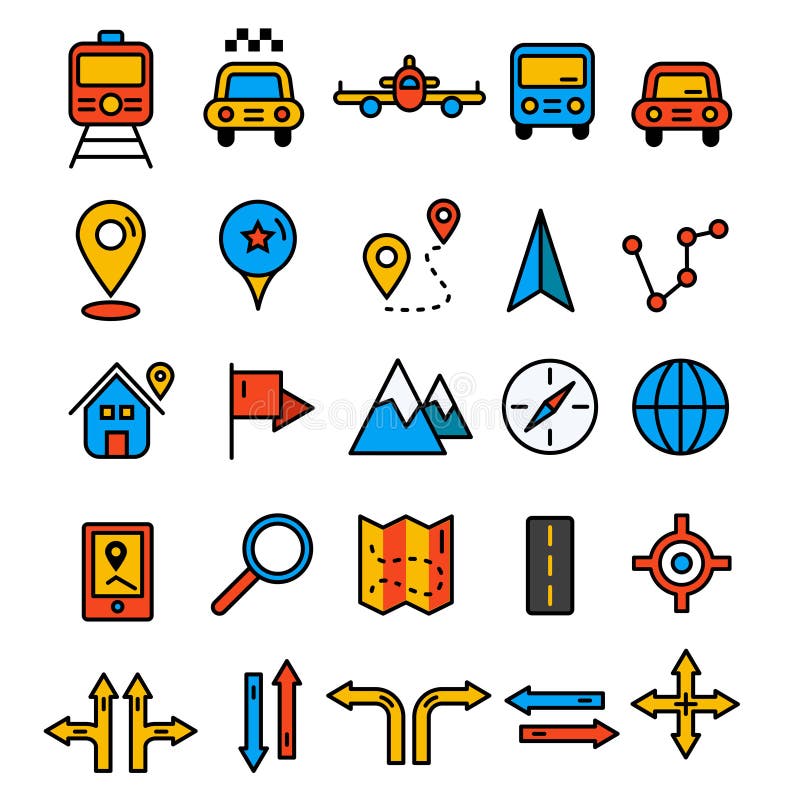 Travel Icons in Flat Solid Line Design. Map Markers Stock Vector ...