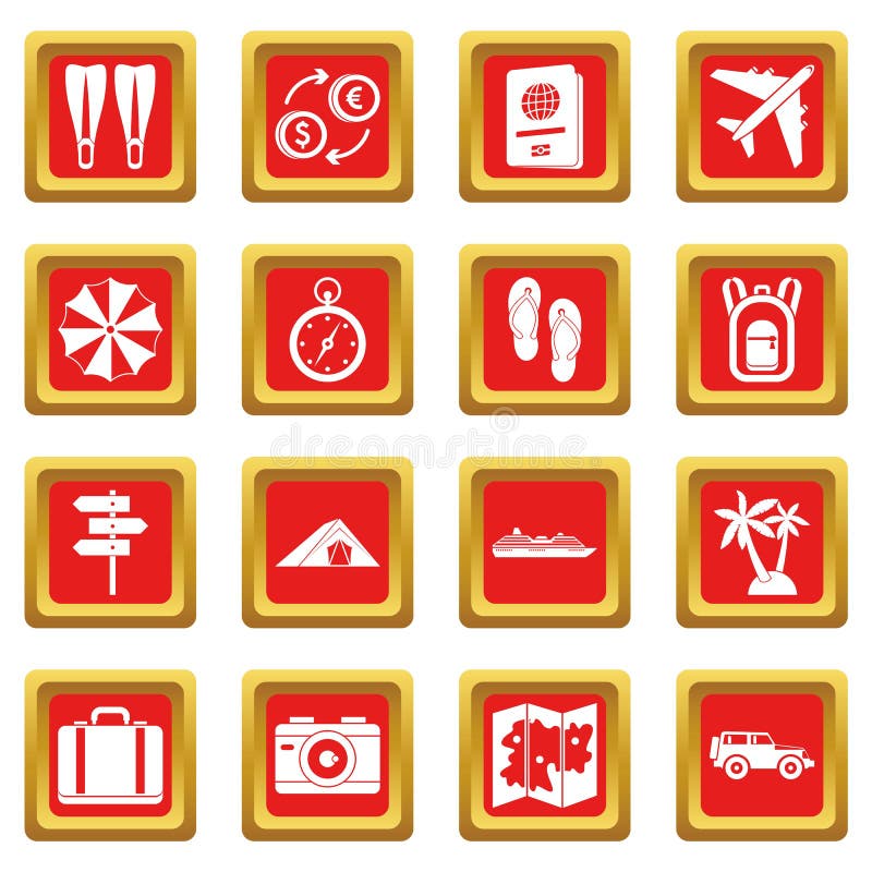 Travel icons set red stock vector. Illustration of collection - 97948874