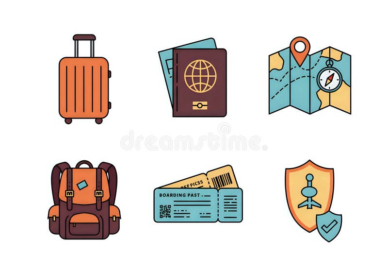 Travel Icons Suitcase, Passport, Map, Backpack, Ticket, Shield Stock ...