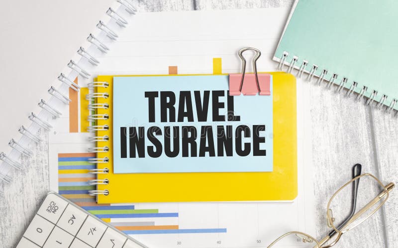 Travel Insurance Words on Blue Sticker with Glasses Stock Photo - Image ...