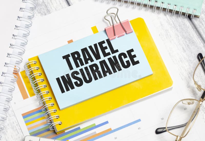 Travel Insurance Words on Blue Sticker with Glasses Stock Image - Image ...