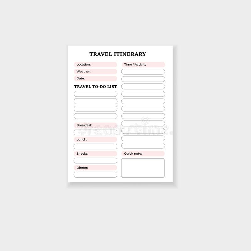 Travel Itinerary Form Template for Organized Trip Planning and Schedule ...