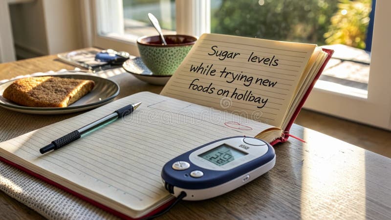 A Travel Journal Open on a Table beside a Glucose Meter Showcasing a ...