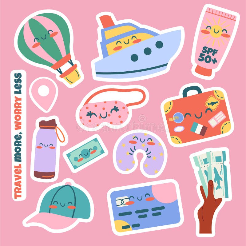 Travel Kawaii Stickers Hand Drawn Elements Flat Style Stock Vector ...