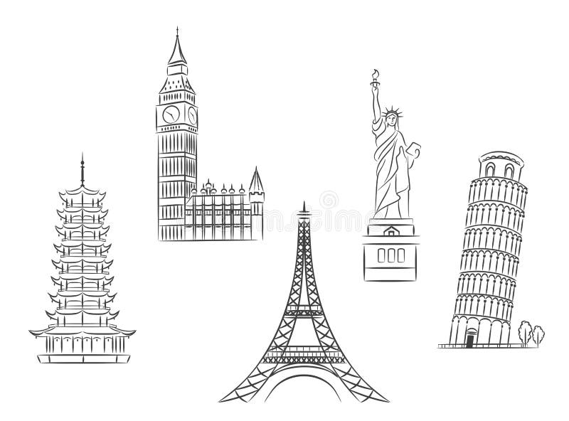 Sketching the Earth and Global Map with Landmarks Stock Illustration ...