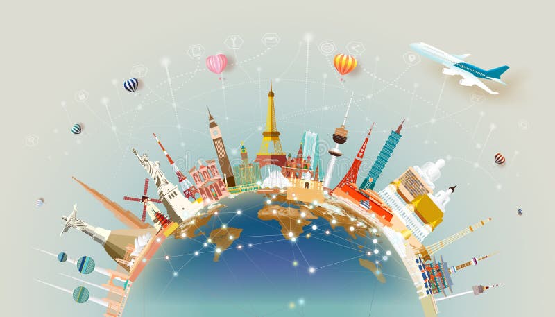 Travel Landmarks World with World Map and Global Technology Network ...