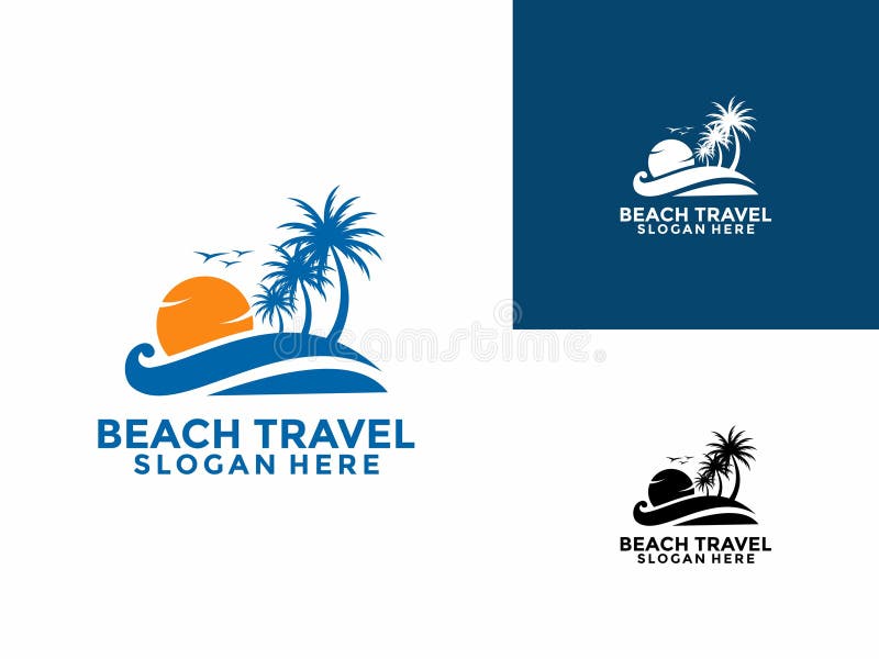 Travel Logo Icon Design Vector, Travel Beach Logo with Beach, Palm, and ...